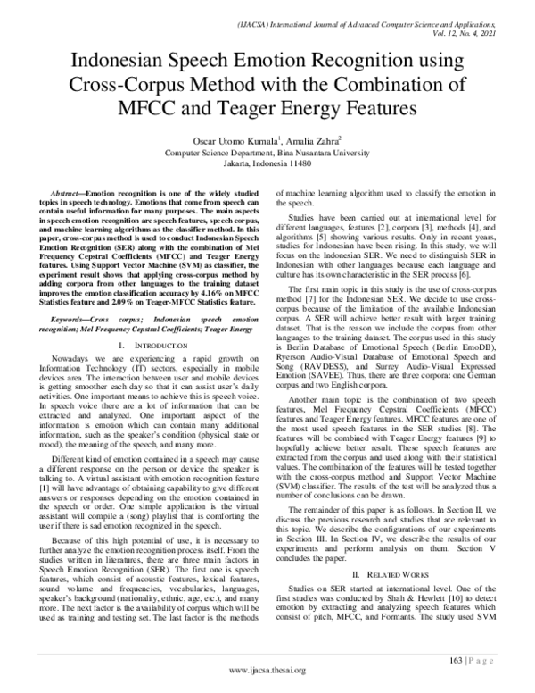 (PDF) Indonesian Speech Emotion Recognition using Cross-Corpus Method with the Combination of ...