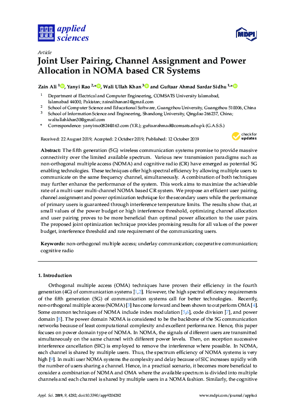 (PDF) Joint User Pairing, Channel Assignment and Power Allocation in NOMA based CR Systems