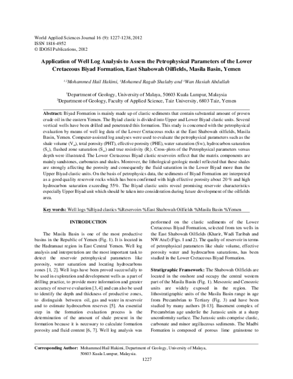 (PDF) Application of well log analysis to assess the petrophysical ...