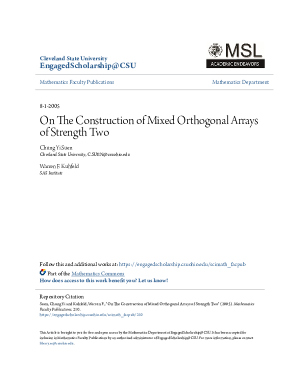 (PDF) On the construction of mixed orthogonal arrays of strength two