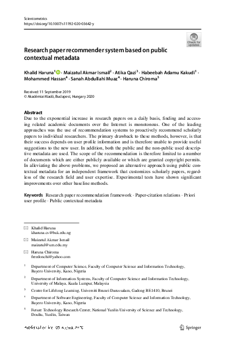 Pdf Research Paper Recommender System Based On Public Contextual Metadata
