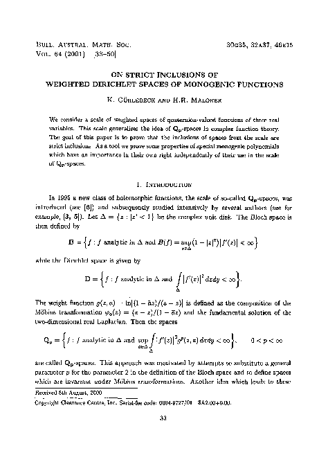 (PDF) On strict inclusions of weighted dirichlet spaces of monogenic functions | Helmuth Malonek ...