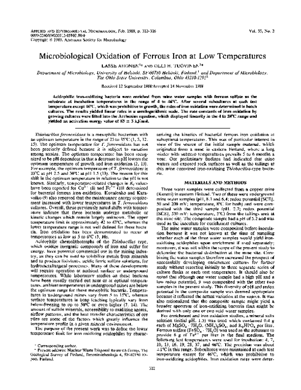 (PDF) Microbiological oxidation of ferrous iron at low temperatures