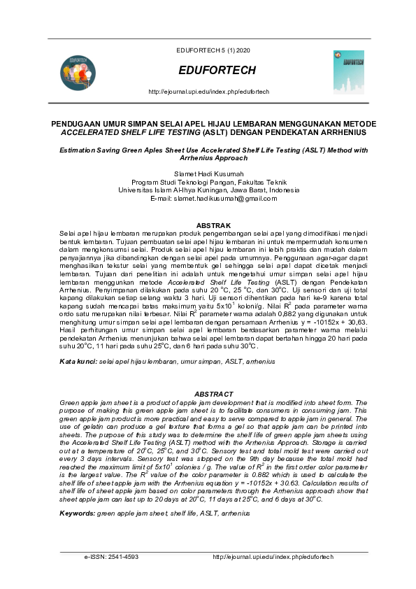 (PDF) Pendugaan Umur Simpan Selai Apel Hijau Lembaran Menggunakan ...