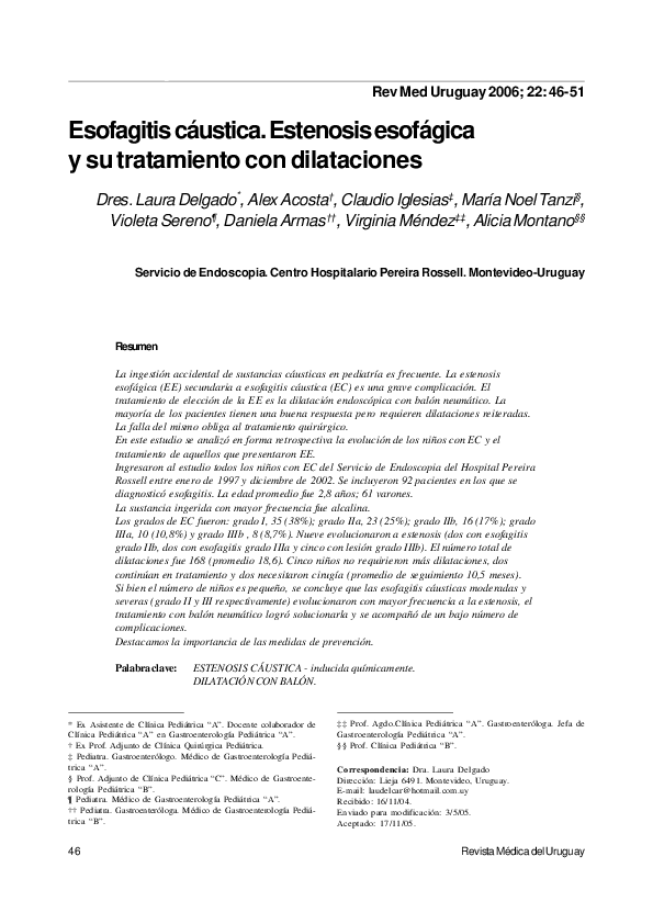 (PDF) Esofagitis cáustica. Estenosis esofágica y su tratamiento con ...