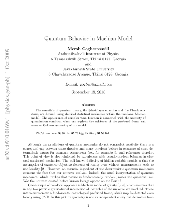 (PDF) Quantum Behavior in Machian Model