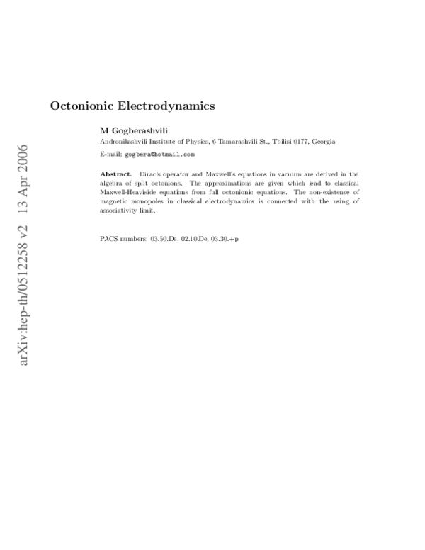 (PDF) Octonionic electrodynamics | Merab Gogberashvili - Academia.edu