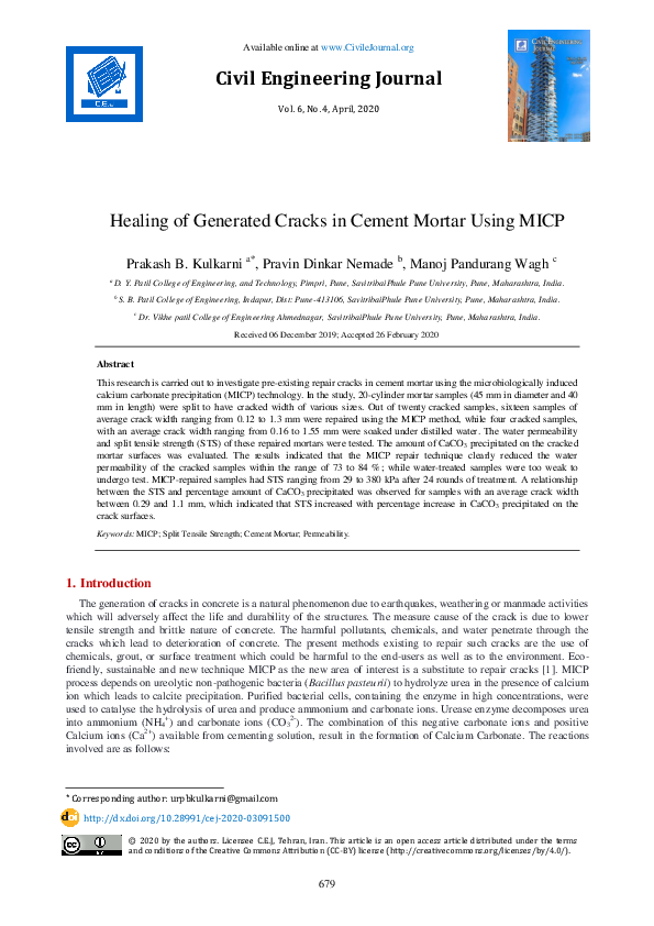 (PDF) Healing of Generated Cracks in Cement Mortar Using MICP