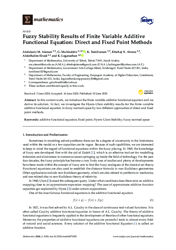 (PDF) Fuzzy Stability Results of Finite Variable Additive Functional Equation: Direct and Fixed ...
