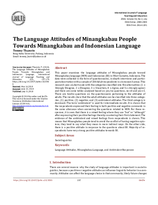 Pdf The Language Attitudes Of Minangkabau People Towards Minangkabau And Indonesian Language