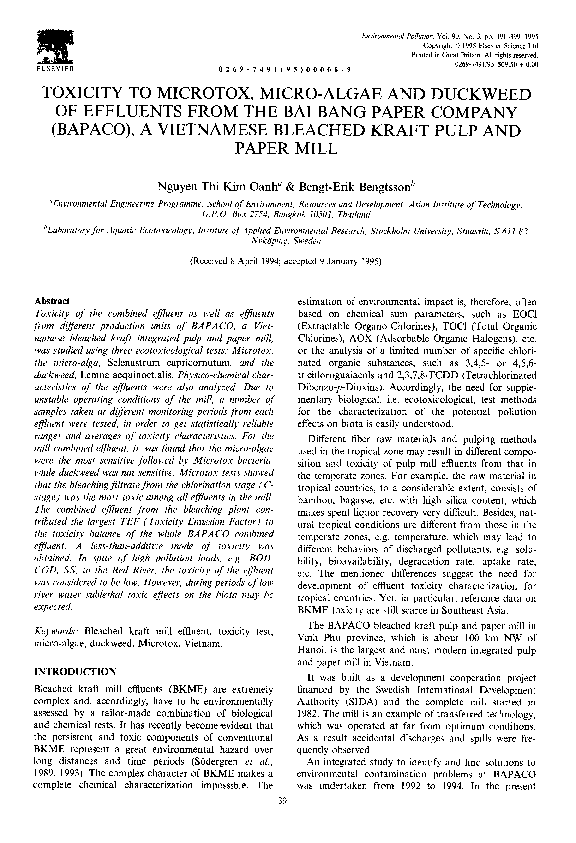 (PDF) Toxicity to Microtox, micro-algae and duckweed of effluents from ...