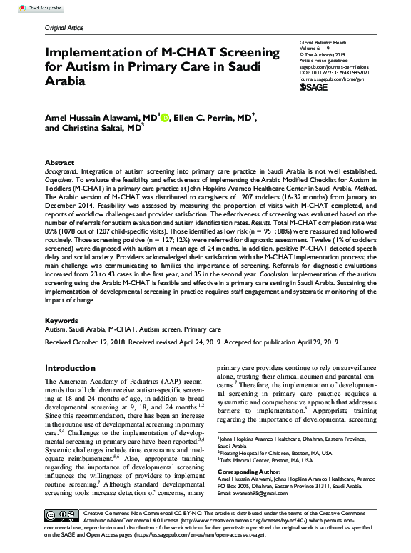 (PDF) Implementation of M-CHAT Screening for Autism in Primary Care in ...