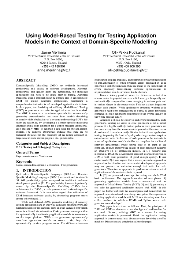 Pdf Using Model Based Testing For Testing Application Models In The Context Of Domain Specific