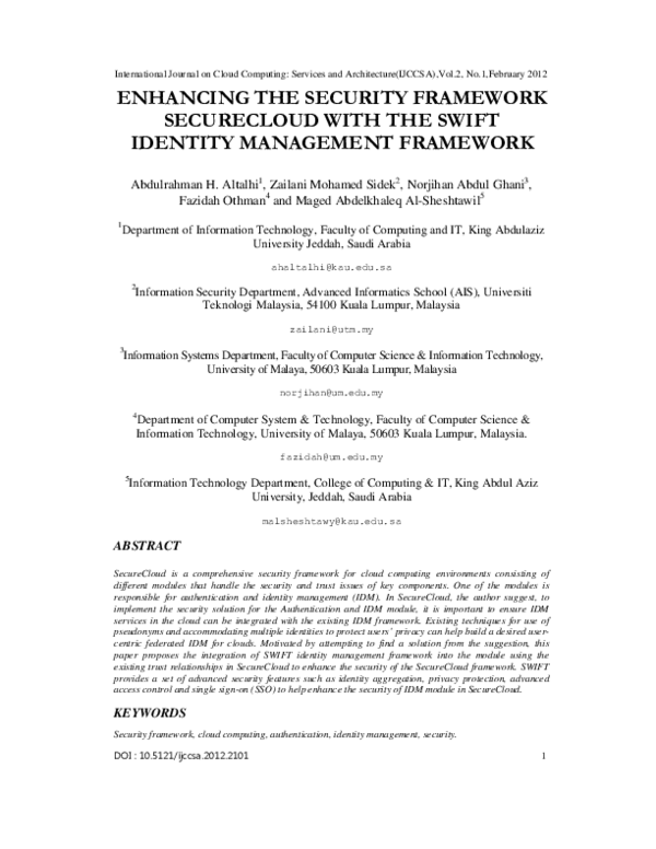 (PDF) Enhancing the Security Framework Securecloud with the Swift Identity Management Framework