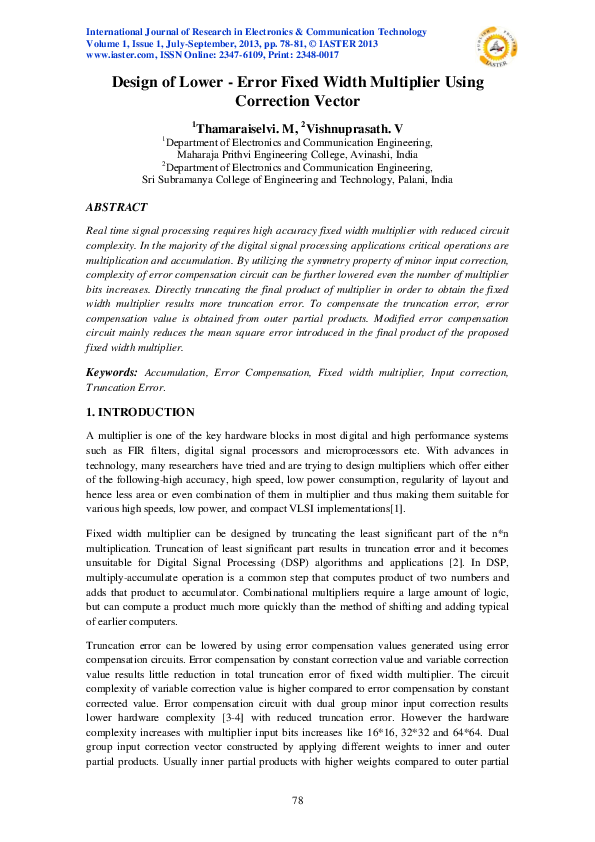 Pdf Design Of Lower Error Fixed Width Multiplier Using Correction Vector 