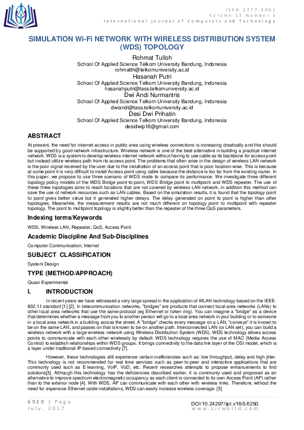 (PDF) SIMULATION Wi-Fi NETWORK WITH WIRELESS DISTRIBUTION SYSTEM (WDS ...