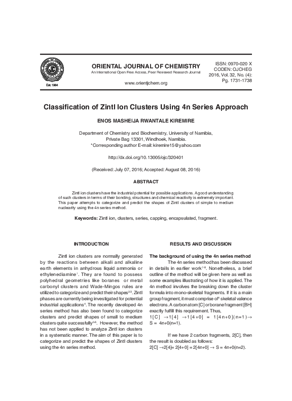 (PDF) Classification of Zintl Ion Clusters using 4n Series Approach