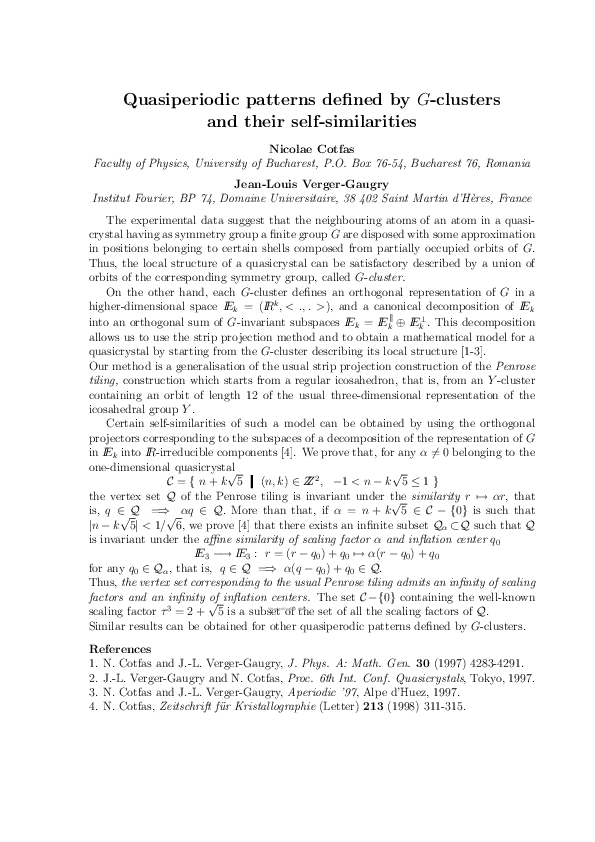 (PDF) Quasiperiodic patterns defined by G-clusters and their self-similarities | Nicolae COTFAS ...