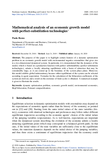 (PDF) Mathematical analysis of an economic growth model with perfect ...