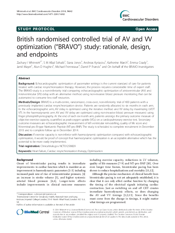 (PDF) British randomised controlled trial of AV and VV optimization (“BRAVO”) study: rationale ...