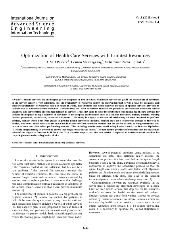 (PDF) Optimization of Health Care Services with Limited Resources
