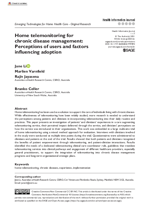 (PDF) Home telemonitoring for chronic disease management: Perceptions ...