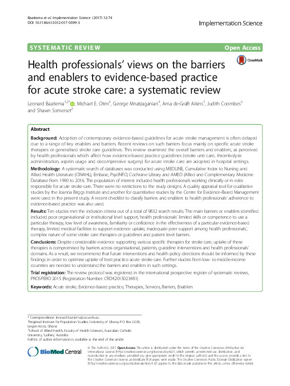 (PDF) Health professionals' views on the barriers and enablers to evidence-based practice for ...