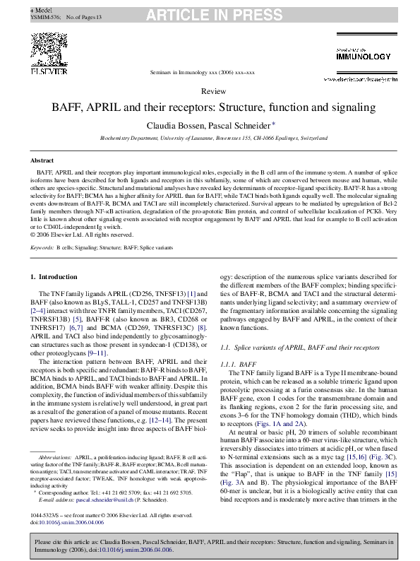 (PDF) BAFF, APRIL and their receptors: Structure, function and signaling