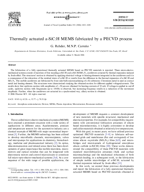 (PDF) Thermally actuated a-SiC:H MEMS fabricated by a PECVD process