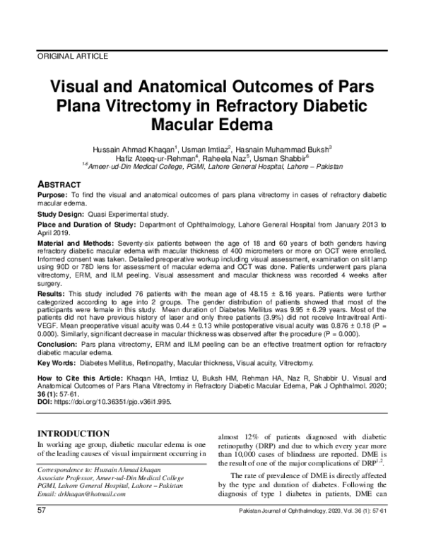 (PDF) Visual And Anatomical Outcomes of Pars Plana Vitrectomy in Refractory Diabetic Macular Edema