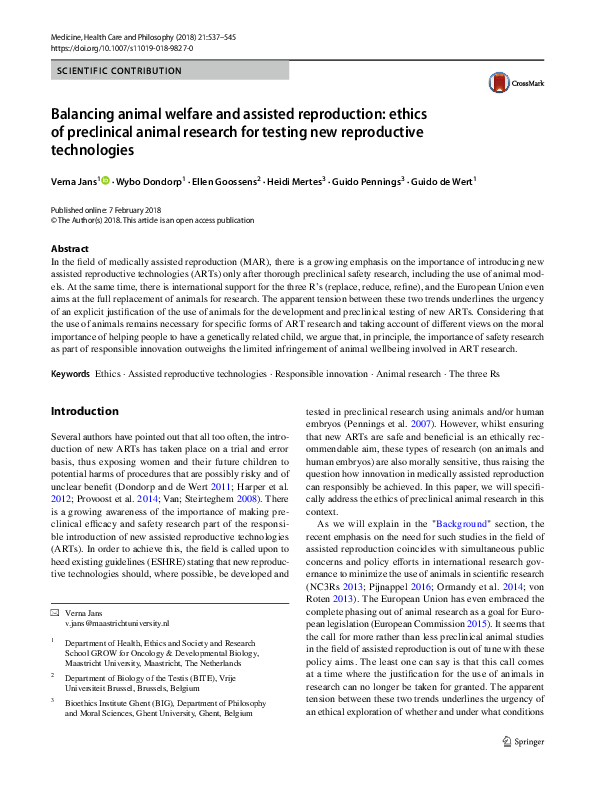 (PDF) Balancing animal welfare and assisted reproduction: ethics of ...