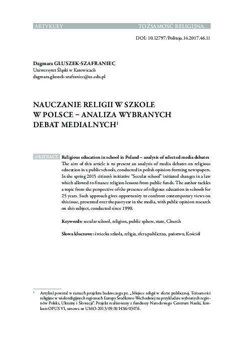 (PDF) Nauczanie religii w szkole w Polsce – analiza wybranych debat medialnych