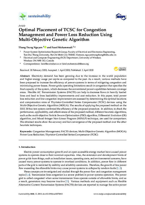 (PDF) Optimal Placement of TCSC for Congestion Management and Power Loss Reduction Using Multi ...