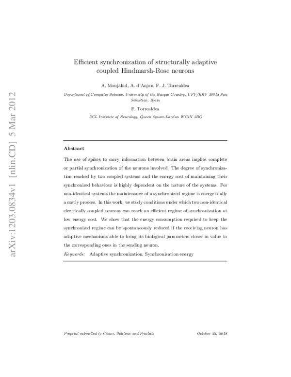 (PDF) Efficient synchronization of structurally adaptive coupled Hindmarsh–Rose neurons