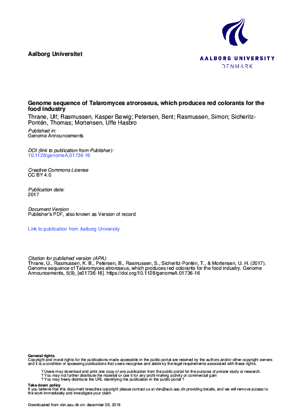 (PDF) Genome Sequence of Talaromyces atroroseus , Which Produces Red ...