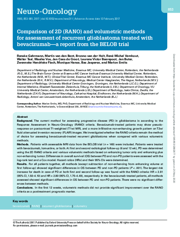 (PDF) Comparison of 2D (RANO) and volumetric methods for assessment of recurrent glioblastoma ...