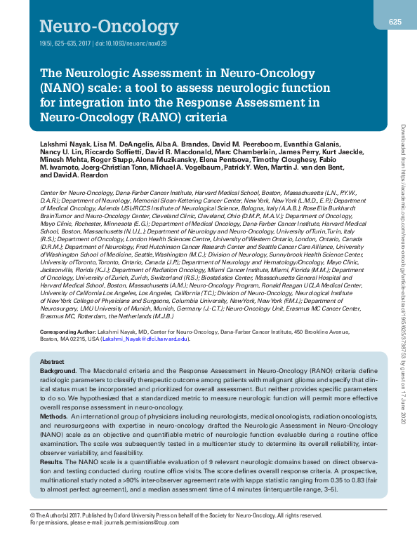 (PDF) The Neurologic Assessment in Neuro-Oncology (NANO) scale: a tool to assess neurologic ...