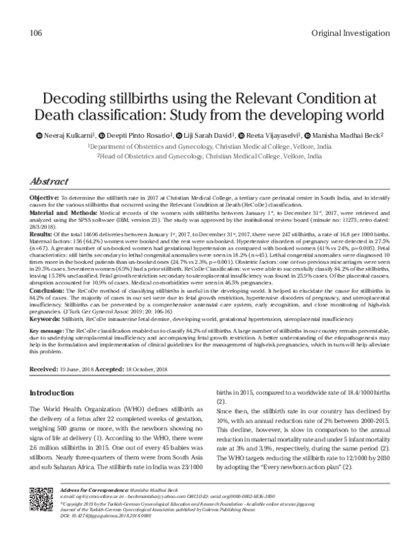 (PDF) Decoding stillbirths using the Relevant Condition at Death classification: Study from the ...
