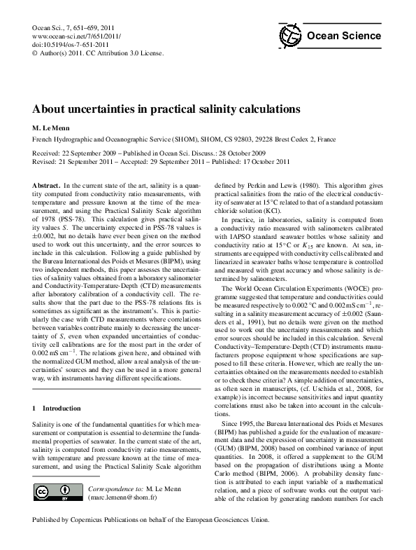 (PDF) About uncertainties in practical salinity calculations