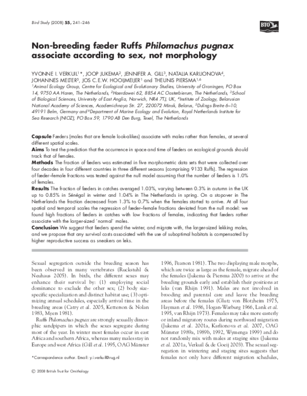 (PDF) Non-breeding faeder ruffs associate according to esex, not morphology