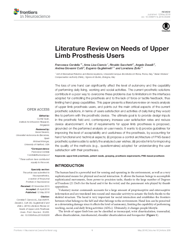 (PDF) Upper Limb Prosthesis Users' Needs: A Literature Review