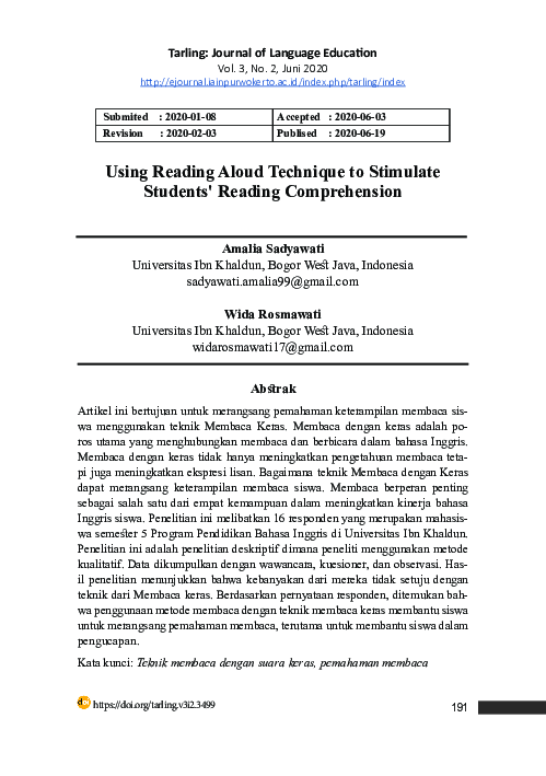 (PDF) Using Reading Aloud Technique to Stimulate Students Reading Comprehension