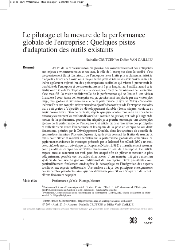 (PDF) Le pilotage et la mesure de la performance globale de l'entreprise