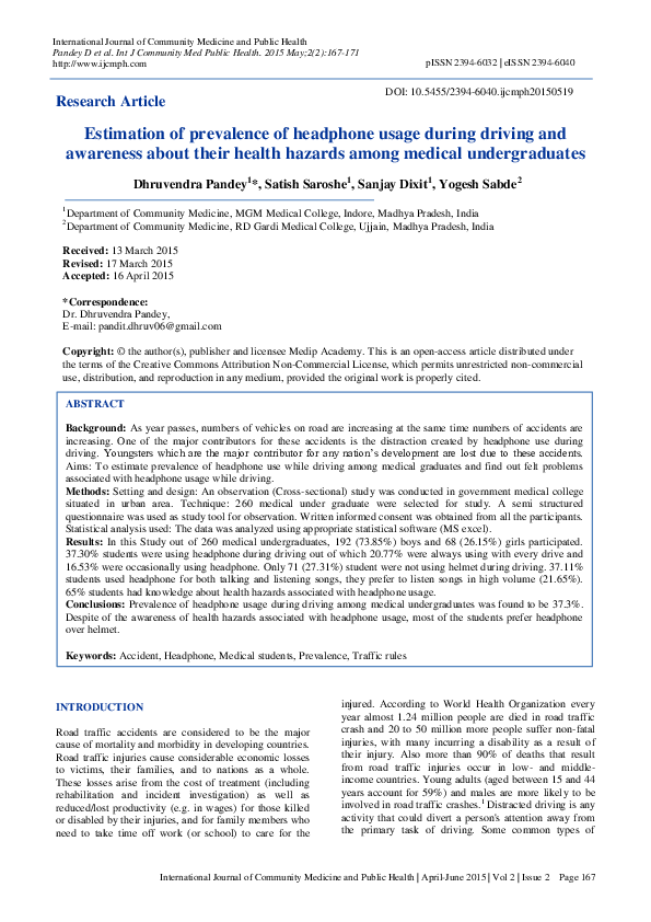(PDF) Estimation of prevalence of headphone usage during driving and ...