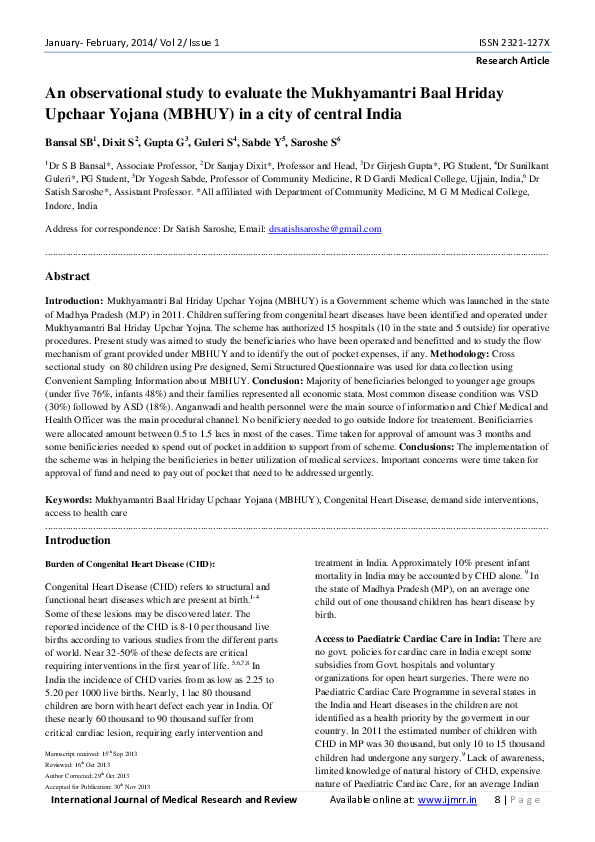 (PDF) An observational study to evaluate the Mukhyamantri Baal Hriday ...