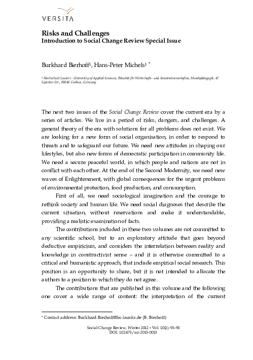 (PDF) Risks and Challenges Introduction to Social Change Review Special ...
