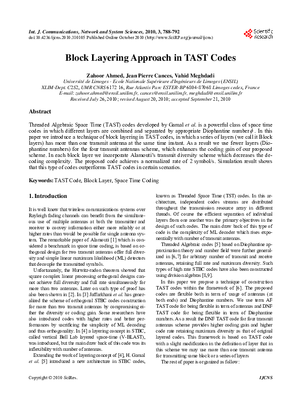 (PDF) Block Layering Approach in TAST Codes