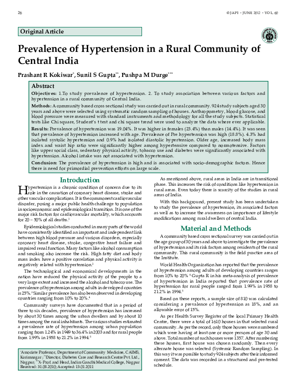(PDF) Prevalence of hypertension in a rural community of central India ...