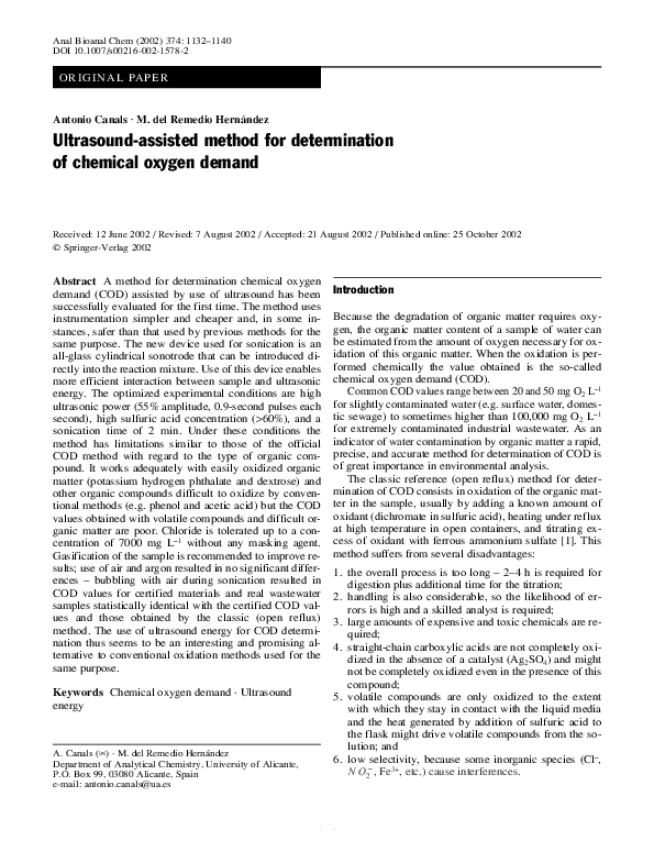 (PDF) Ultrasound-assisted method for determination of chemical oxygen ...