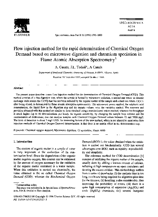 Pdf Flow Injection Method For The Rapid Determination Of Chemical Oxygen Demand Based On